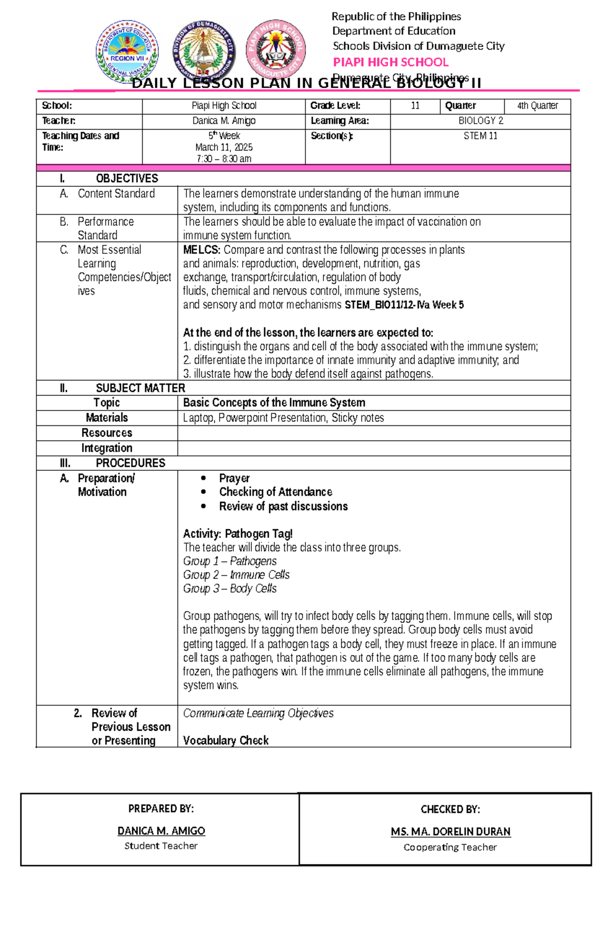 GEN. BIO 2 Daily Lesson Plan: Understanding the Immune System - Studocu