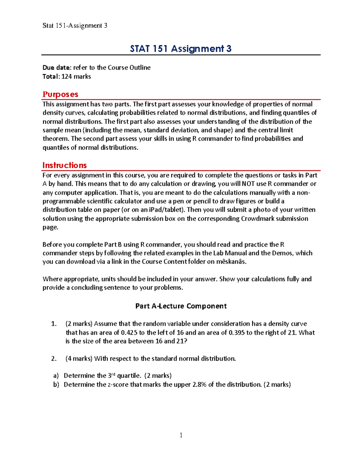 STAT 151 Assignment 3: Normal Distributions & R Commander Analysis - Studocu