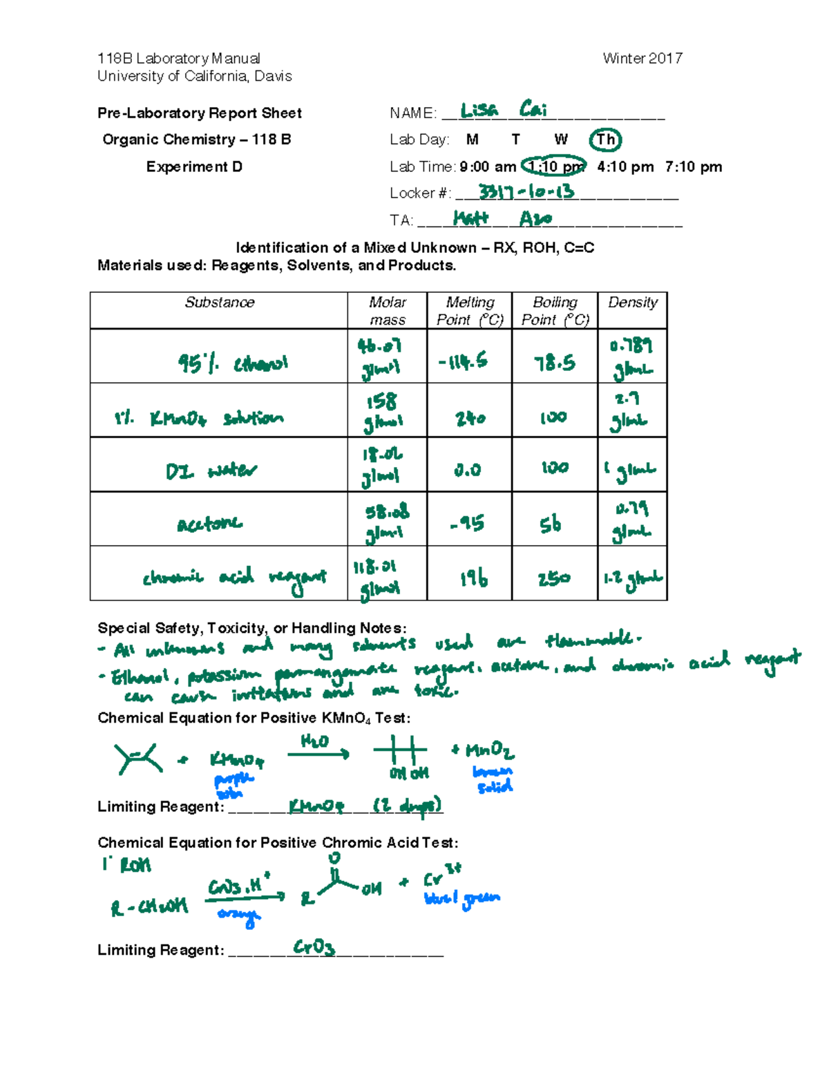 118B Lab D Pre-Lab: Identification of a Mixed Unknown Experiment - Studocu