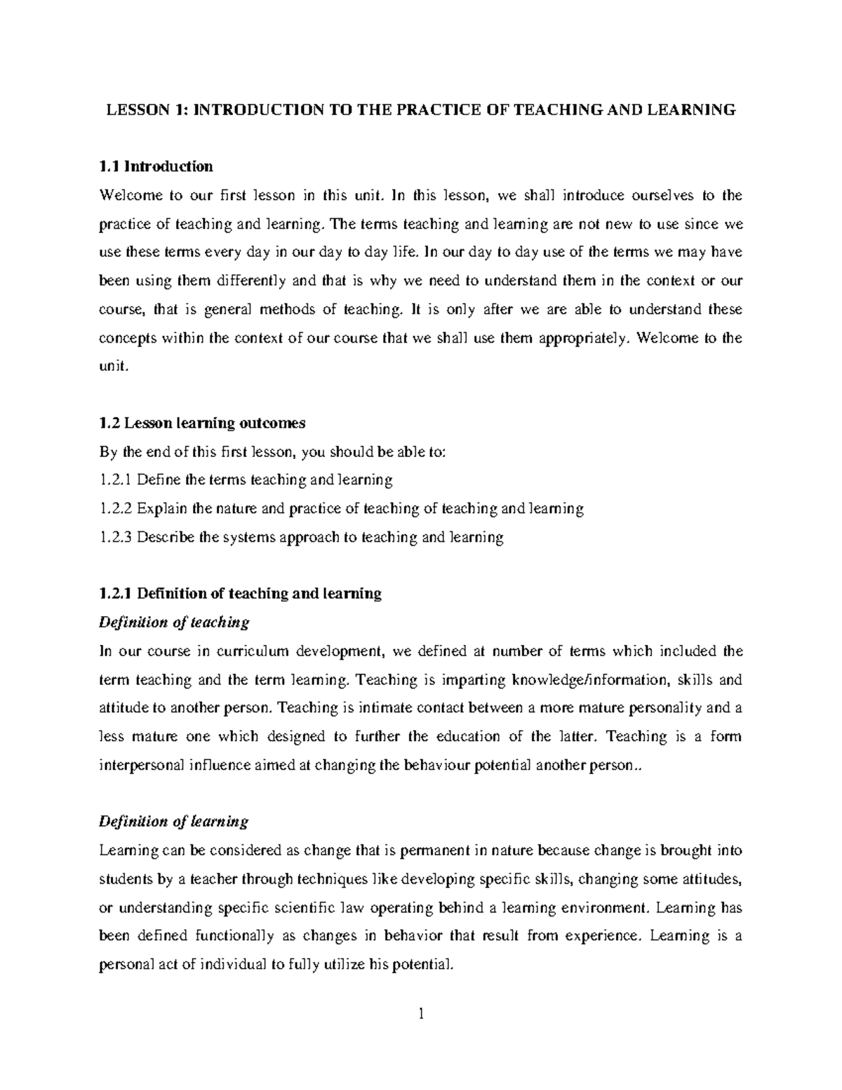 Lesson 1: Intro to Teaching & Learning Practices in Education - Studocu