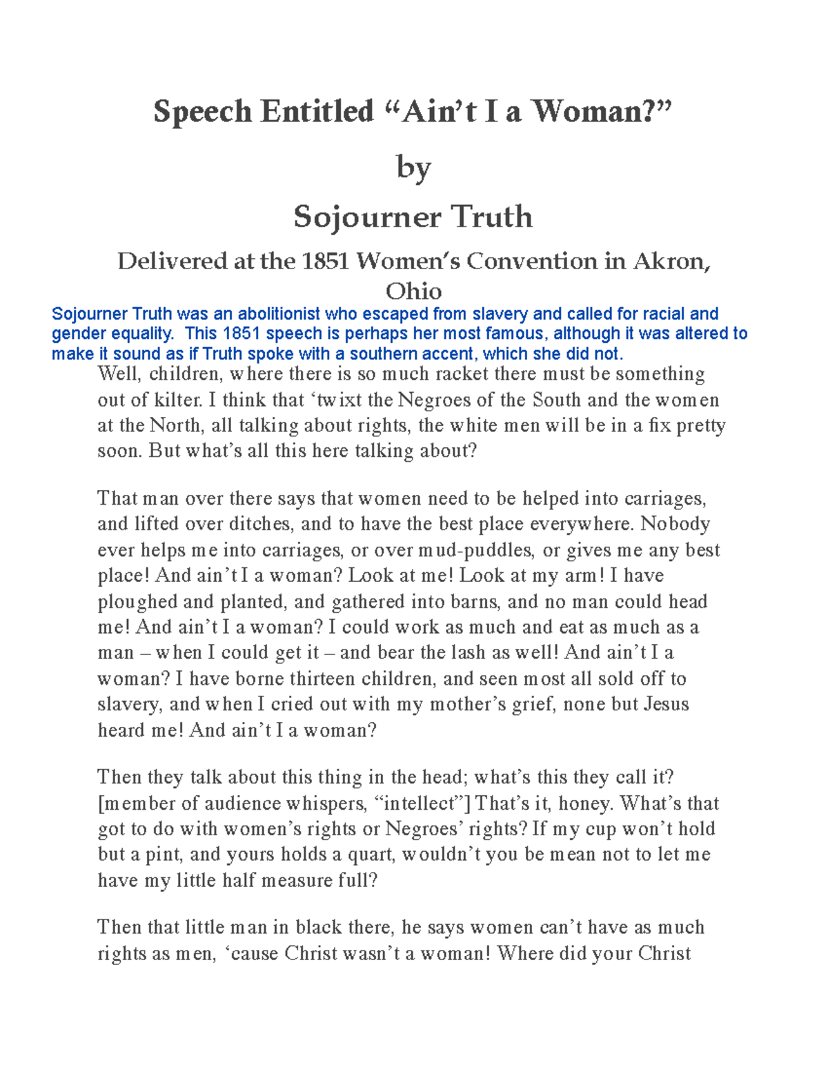 Ain't I a Woman? - Sojourner Truth's 1851 Women's Rights Speech ...