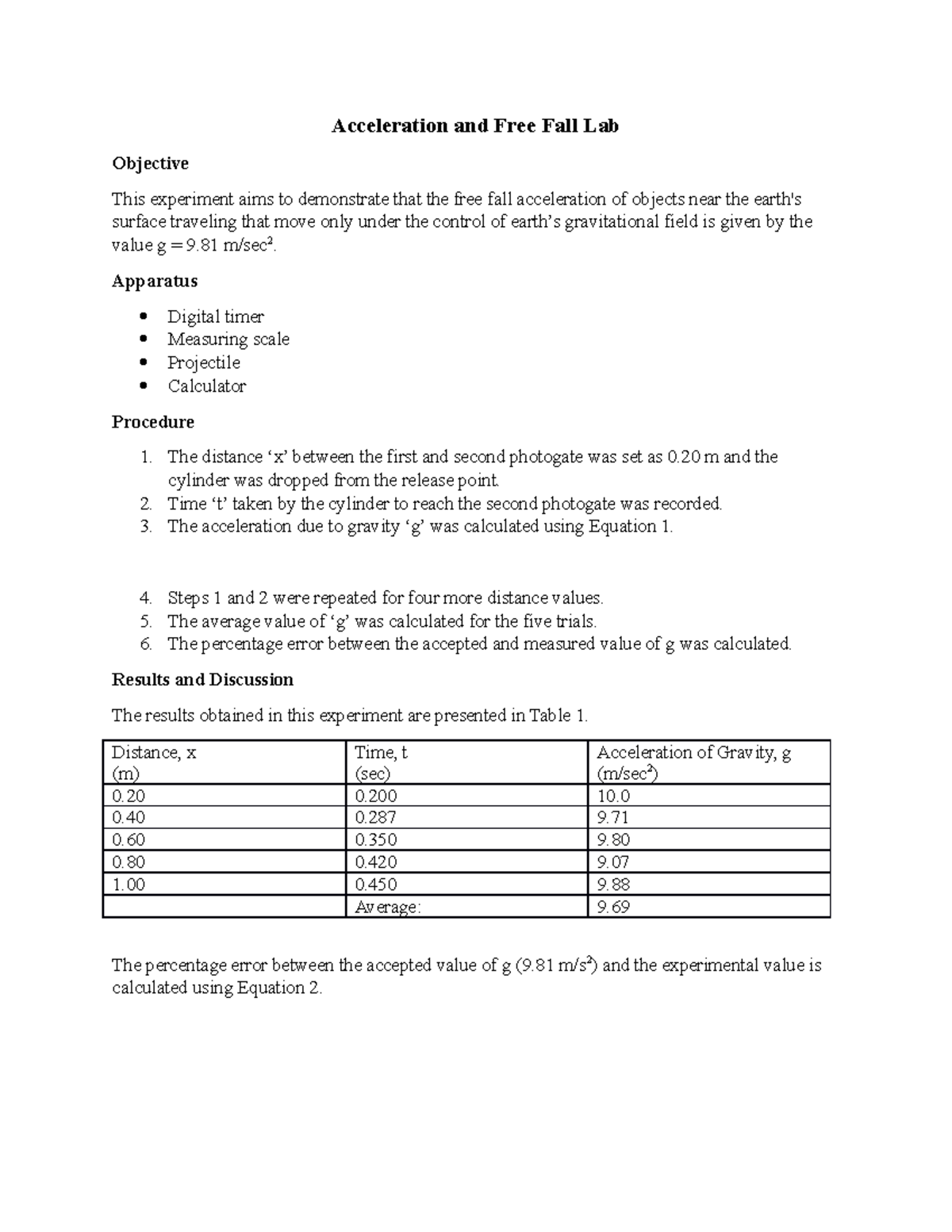 Acceleration and Free Fall Lab - Acceleration and Free Fall Lab ...