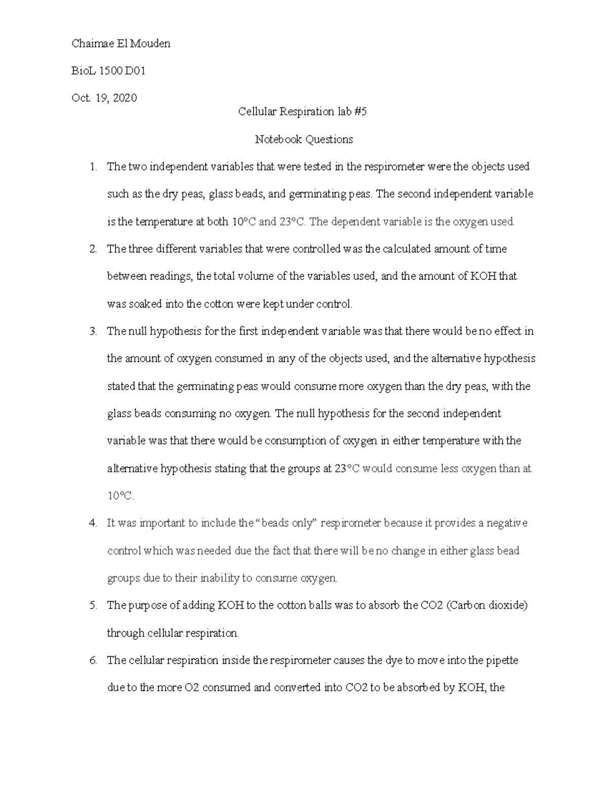 BioL 1500 D: Lab 5 Cellular Respiration Analysis Report - Studocu