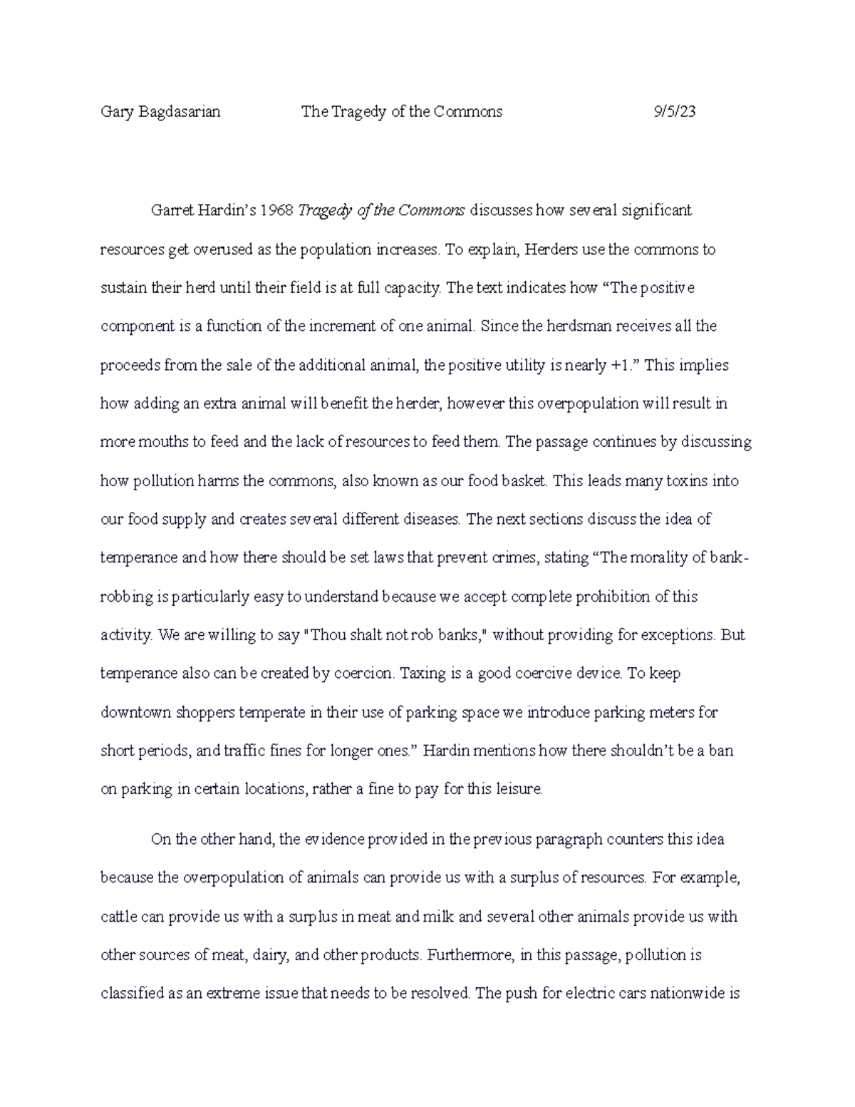 Gov. Writing Piece #1: Analyzing the Tragedy of the Commons - Studocu