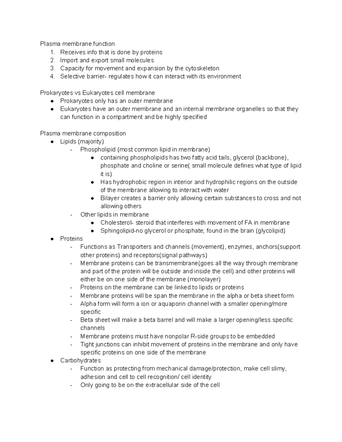 BIO 203 Final Exam Study Notes on Plasma Membrane Functions and ...