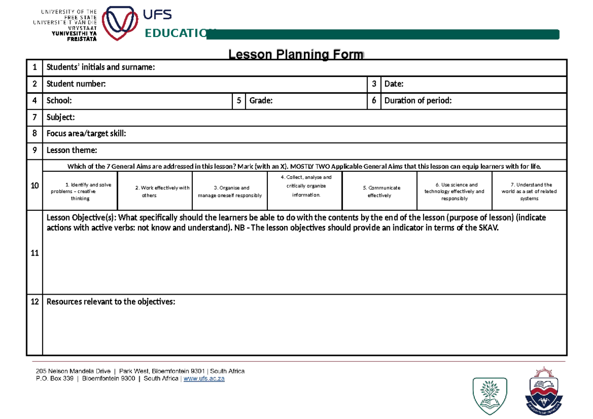 Lesson Planning Form for Education Course - 1 Students’ initials and ...