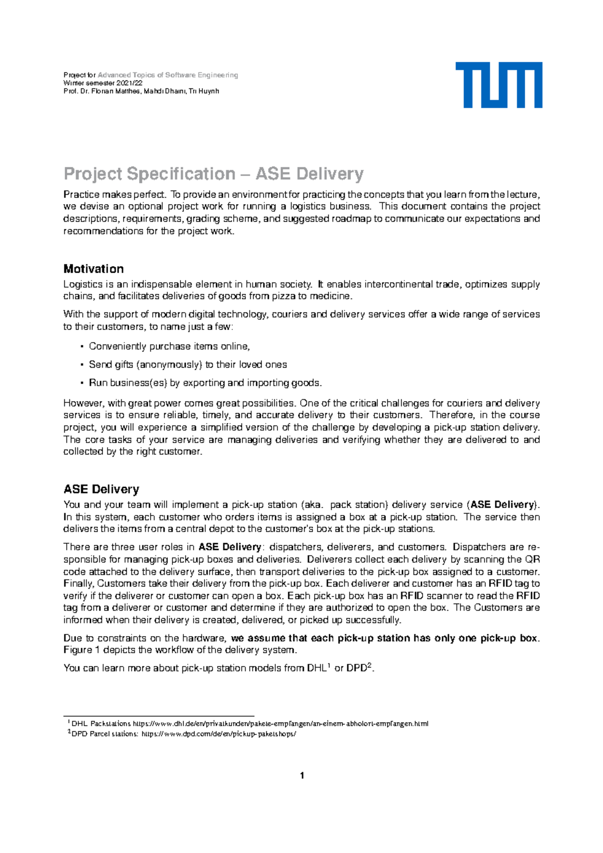 Project Specification for ASE Delivery: Logistics Software Engineering ...