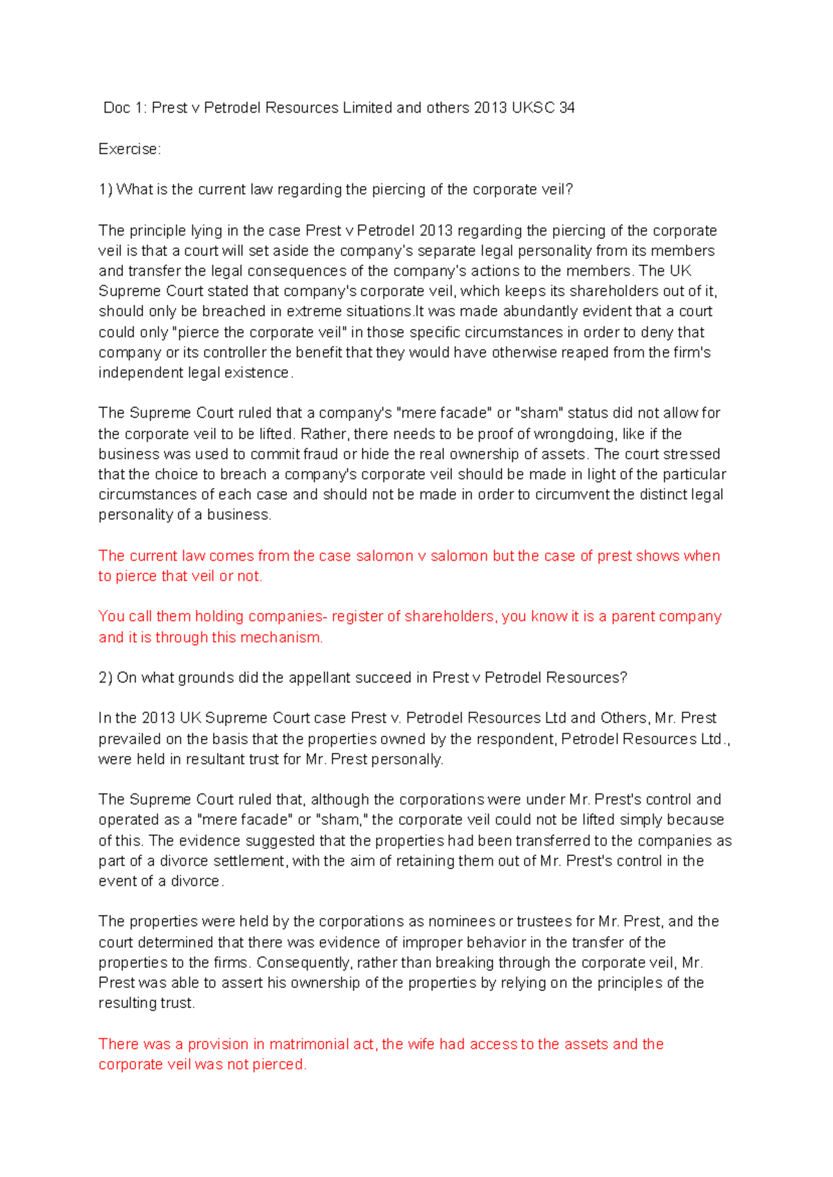 Company TD 1 - Piercing the Corporate Veil: Insights from Prest v ...