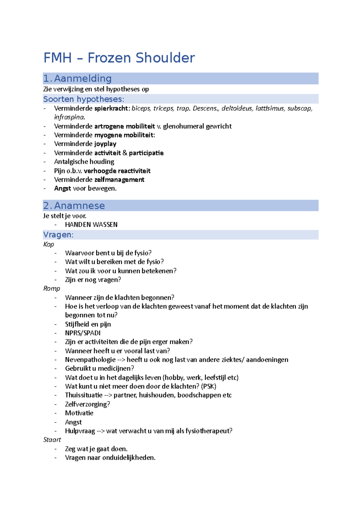 FMH - Frozen Shoulder Assessment and Treatment - FYSIO Notes - Studeersnel