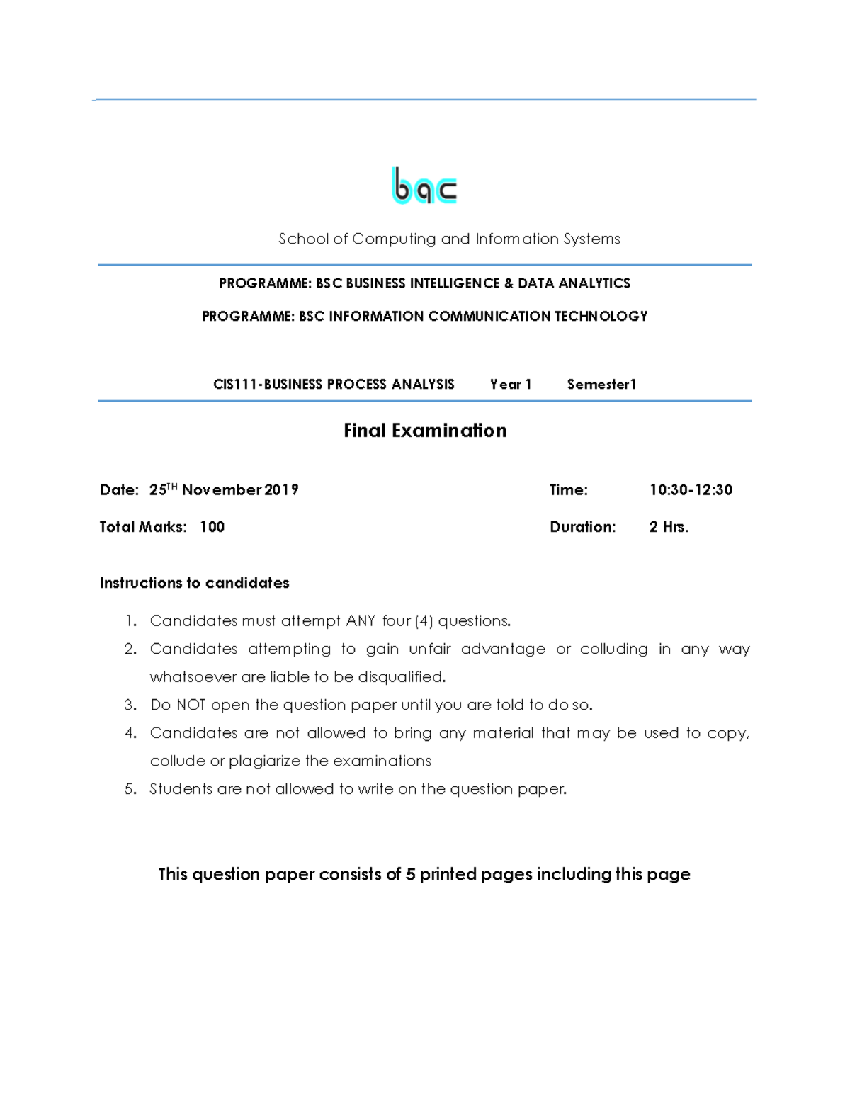 CIS112 BPA Final Exam Question Paper 2019 - Studocu