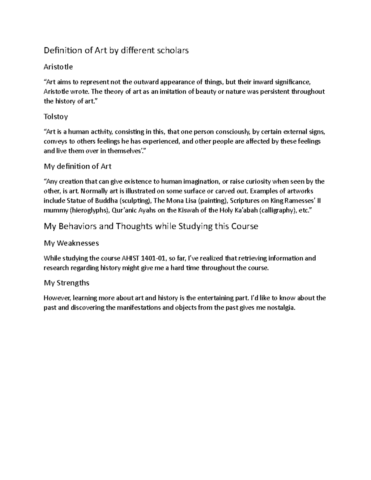 Art History AHIST 1401 UoPeople Week 1 Learning journal - Definition of ...