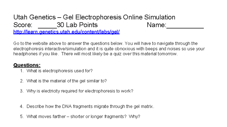 Utah Genetics: Gel Electrophoresis Webquest Guide - Studocu
