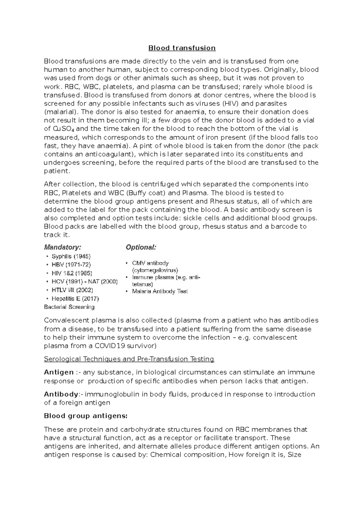 Blood transfusion - Lecture notes 1 - Blood transfusion Blood ...