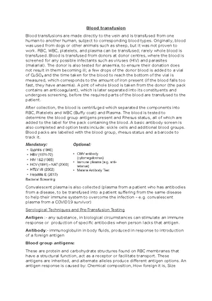 Blood transfusion - Lecture notes 1 - Blood transfusion Blood ...
