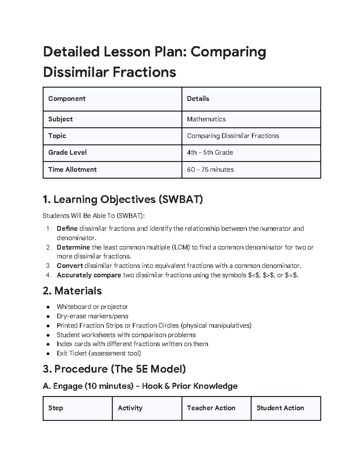 Detailed Lesson Plan: Comparing Dissimilar Fractions (Math 4-5) - Studocu
