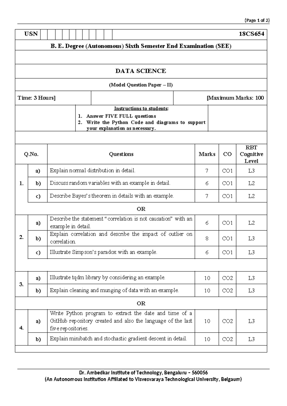 Data Science Model Question Paper II - USN 18CS654 - Studocu