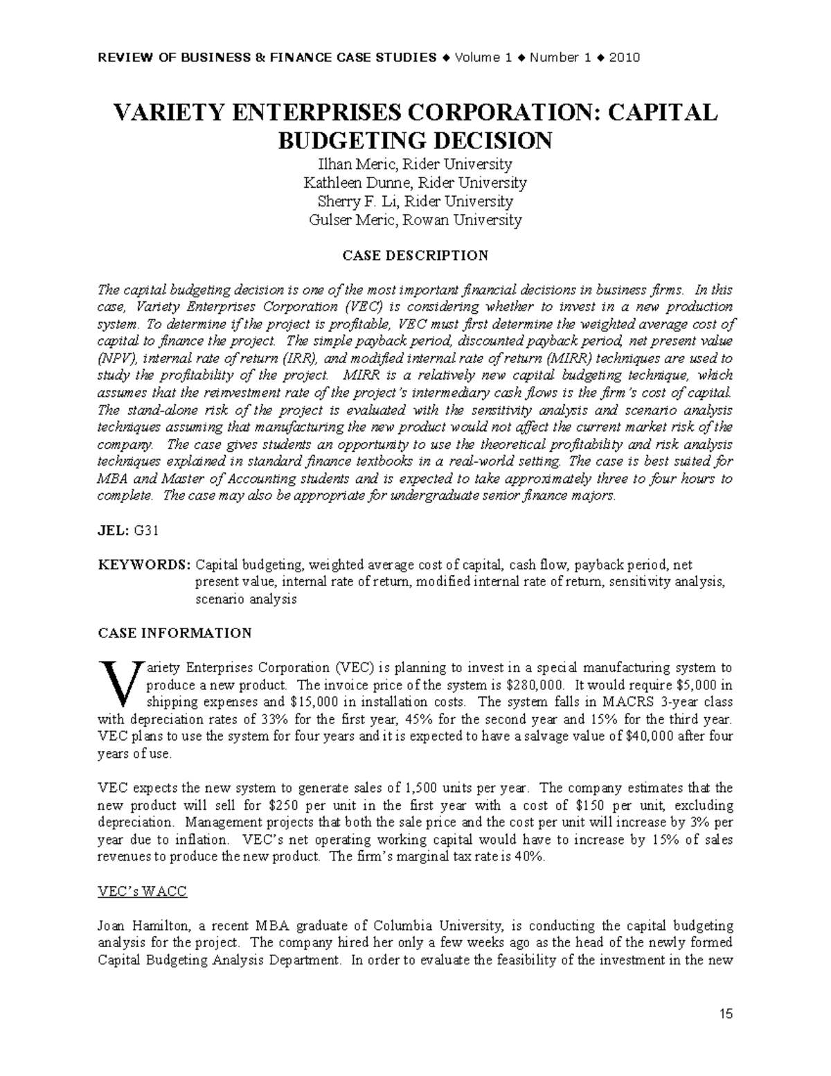 Capital Budgeting Case Study: Variety Enterprises Corp (WACC, NPV, IRR ...