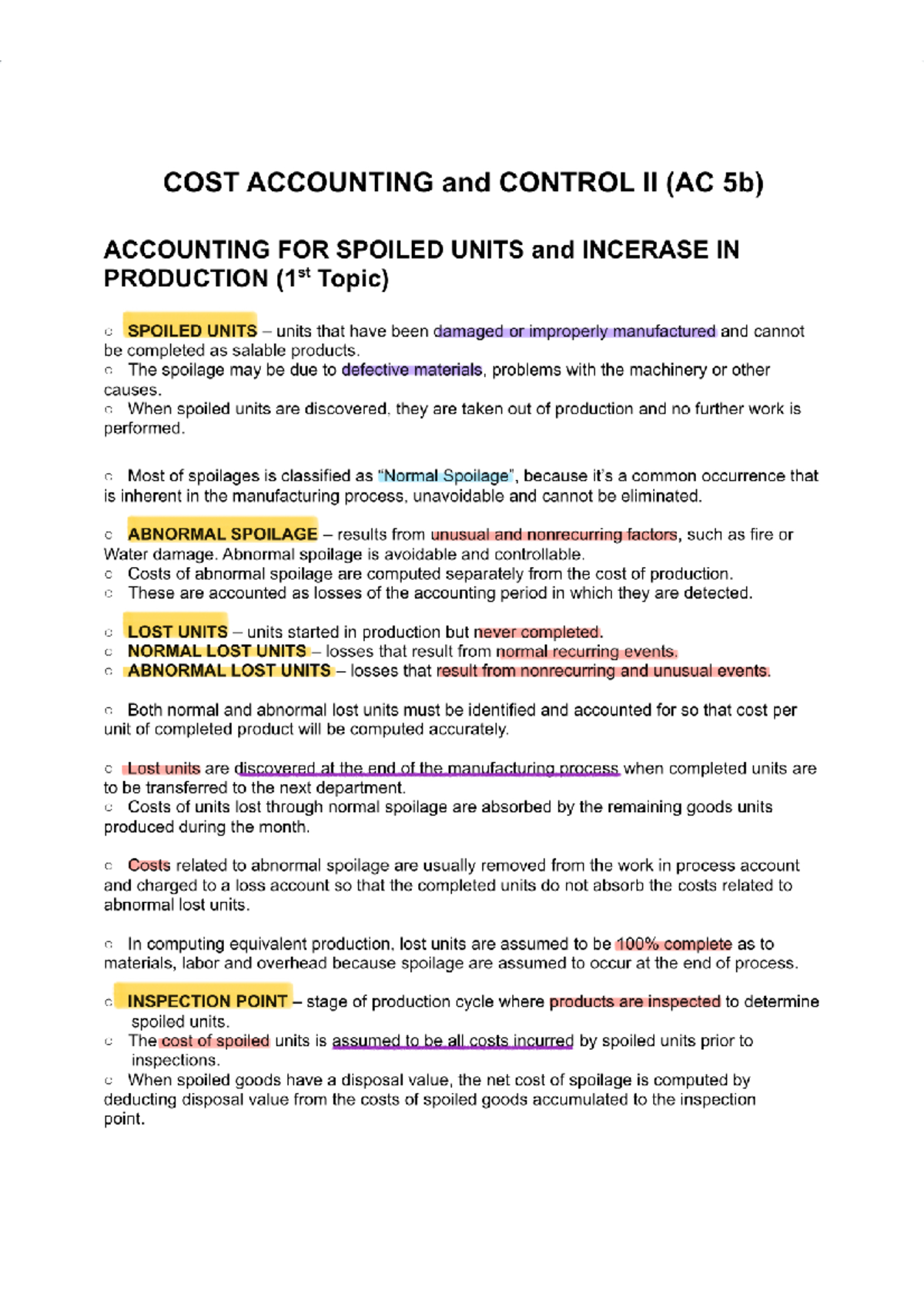 COST ACCOUNTING and CONTROL II (AC 5b): Accounting for Spoiled Units ...
