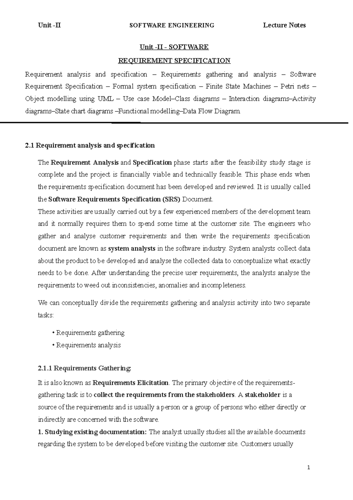 Unit II - Lecture Notes: Software Requirements Specification & Analysis ...