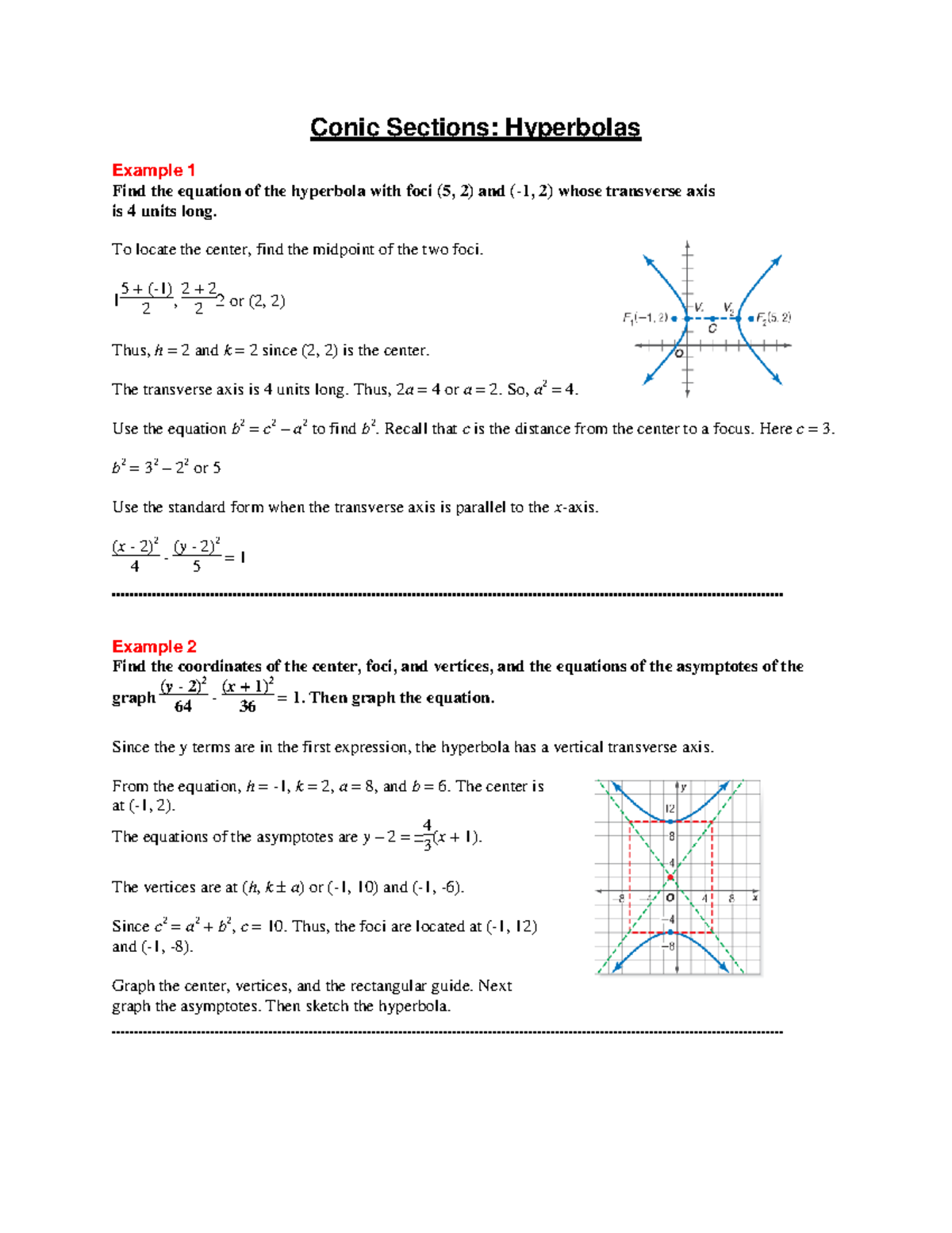 Hyperbola Example Problems: Finding Equations & Graphs - Studocu