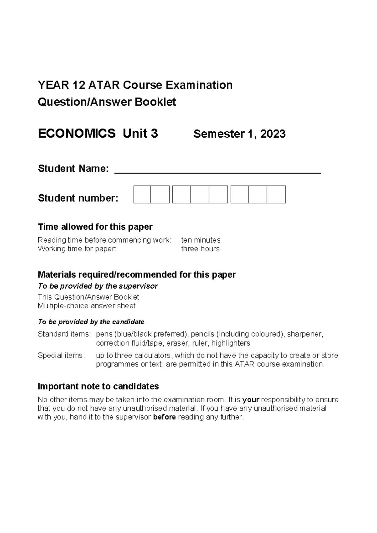 YEAR 12 ATAR Economics Unit 3 Semester 1 Exam Booklet 2023 - Studocu