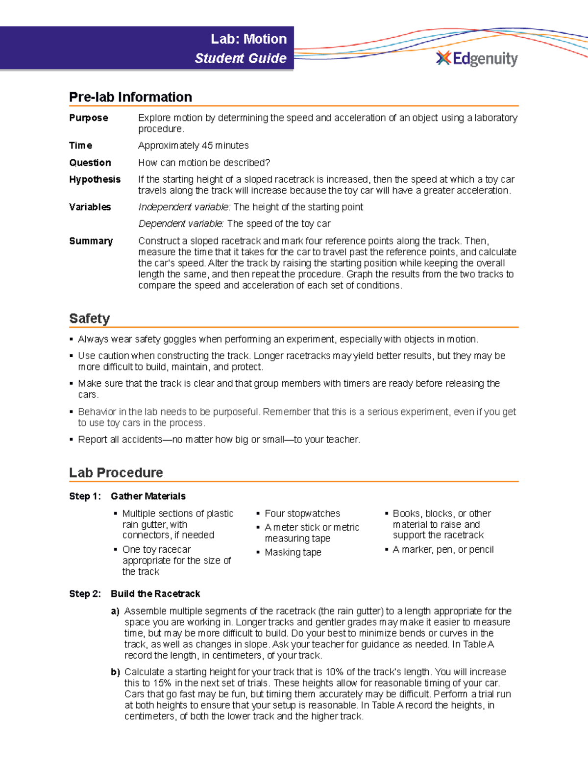 Lab: Motion - Student Guide for Speed & Acceleration Experiment - Studocu