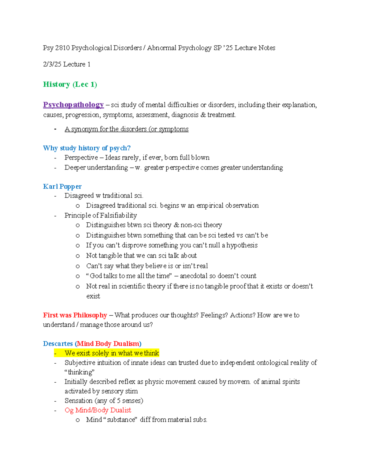 Psy 2810 Psychological Disorders sp '25 Lecture Notes - Psy 2810 ...