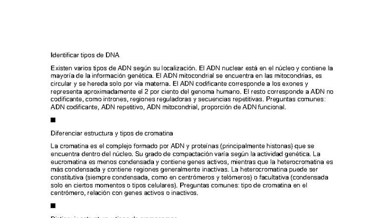 Resumen Genética - Tipos de ADN, Cromatina y Mutaciones - Studocu