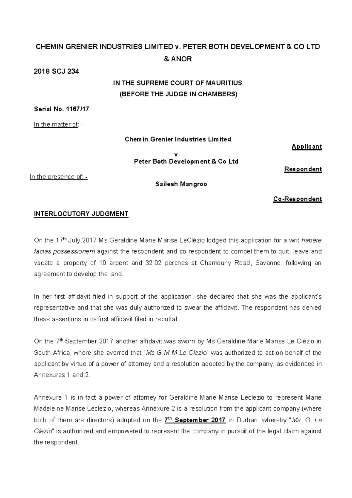 Chemin Grenier Industries Ltd v Peter Both Dev & Co Ltd - Interlocutory ...