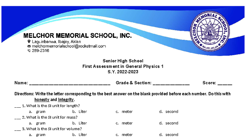 General Physics 1 S.Y. Senior High School 1st Assessment - Studocu