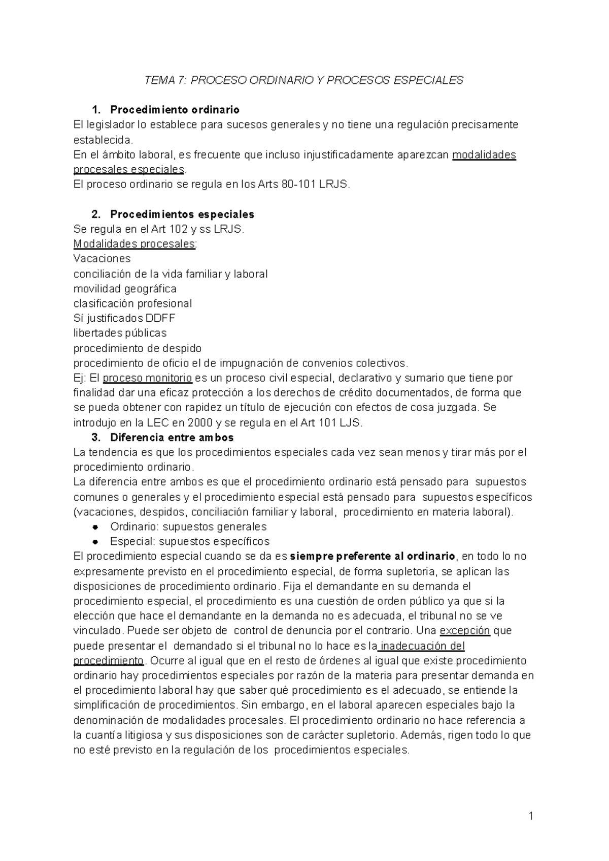 TEMA 7: Proceso Ordinario y Procesos Especiales en Derecho Procesal ...