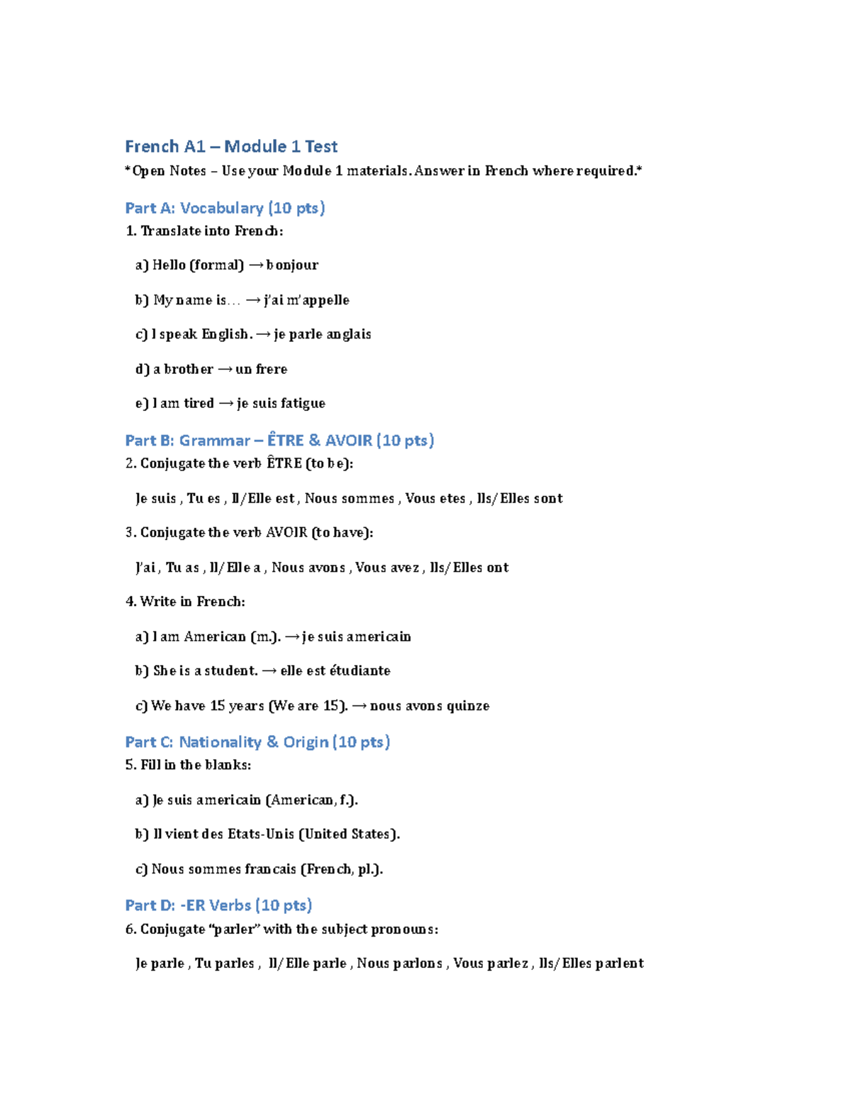 French A1 Module 1 Test Notes: Vocabulary, Grammar & Verbs - Studocu