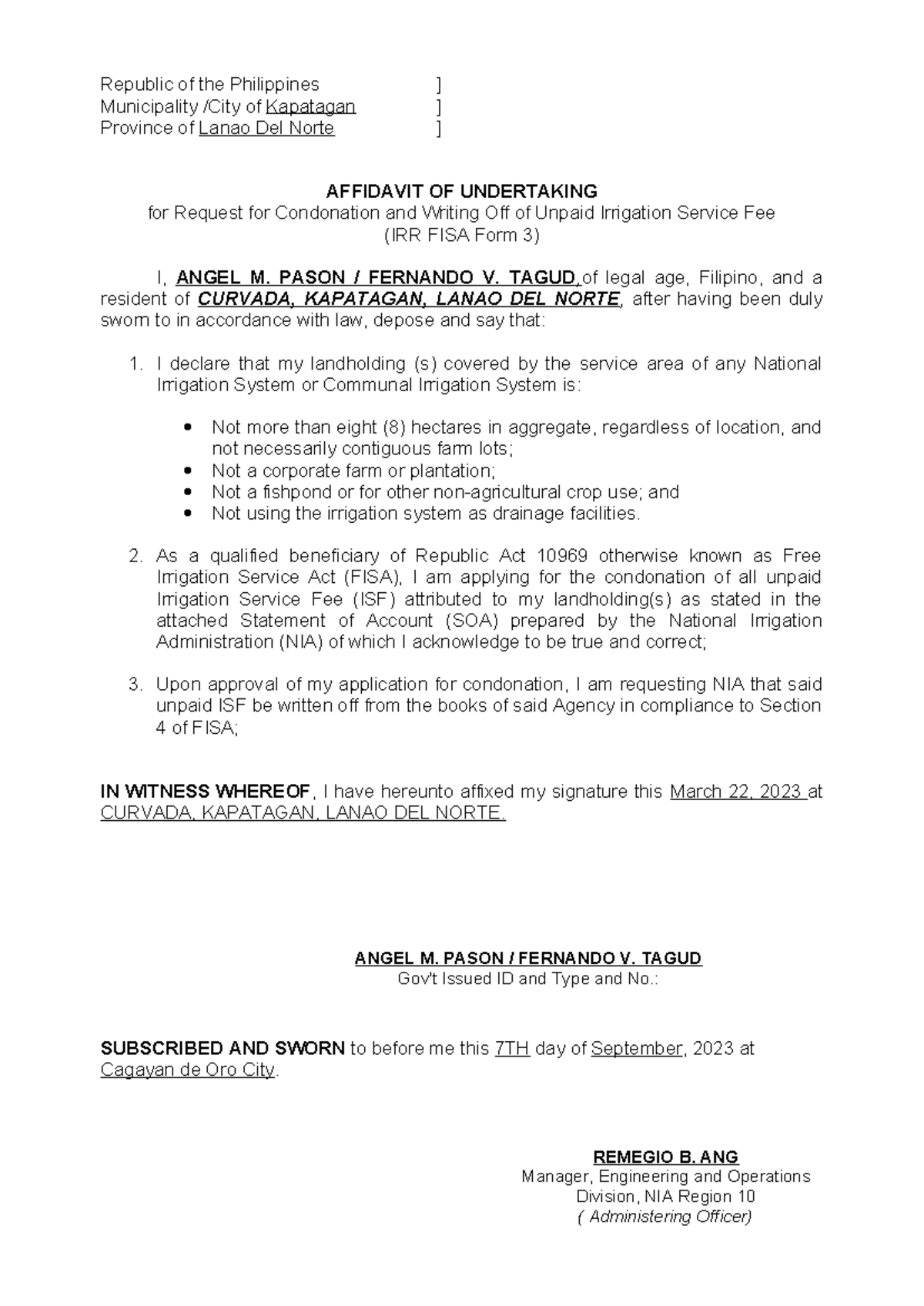 Affidavit of Undertaking (FORM 3) for Irrigation Service Fee ...