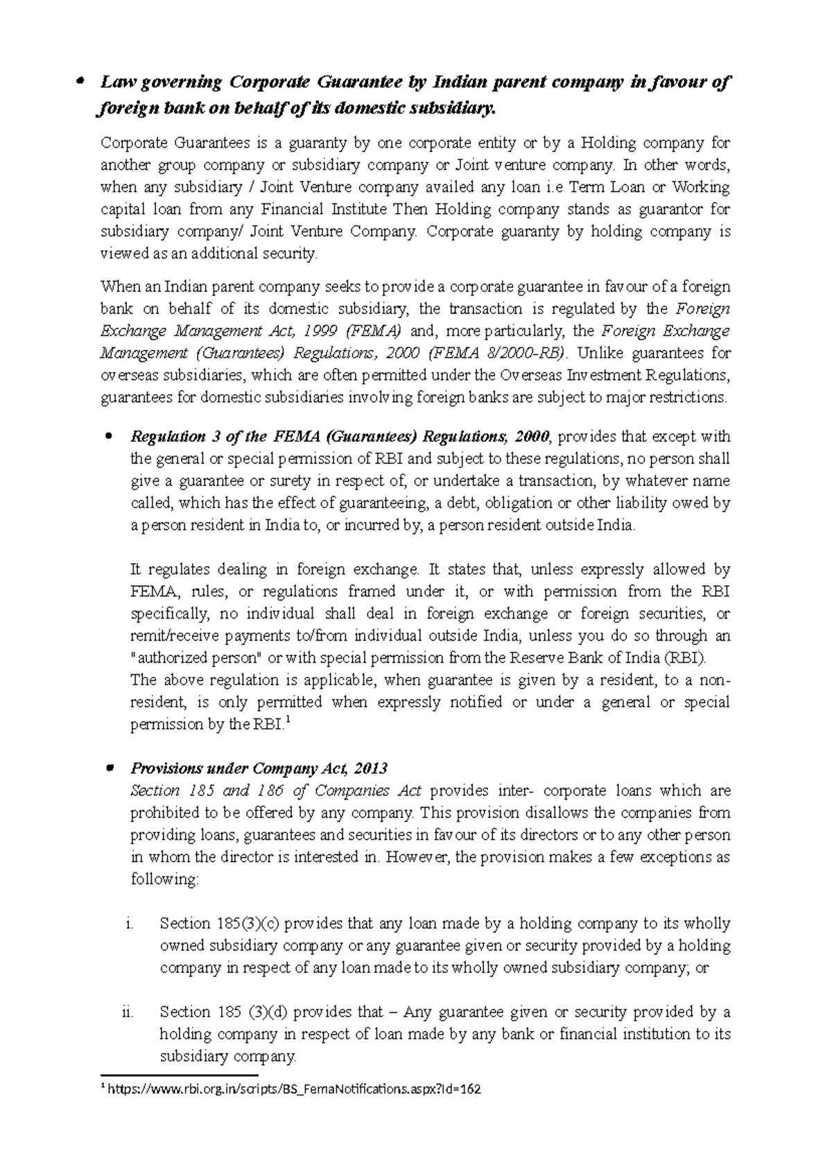 Corporate Guarantee Notes: Indian Parent Co. & Foreign Bank Regulations ...