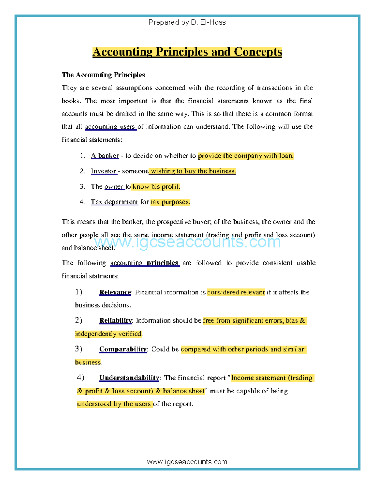 IGCSE Accounting Principles and Concepts Overview - Studocu