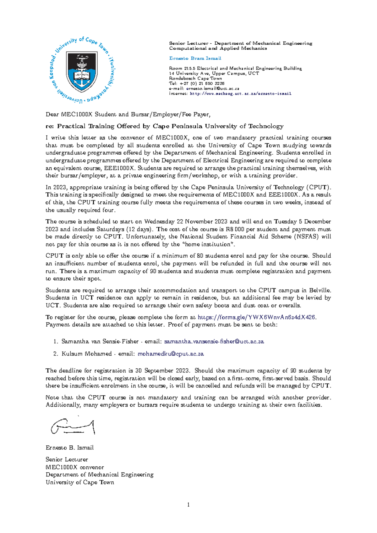 2023 MEC1000X CPUT training - Senior Lecturer - Department of ...