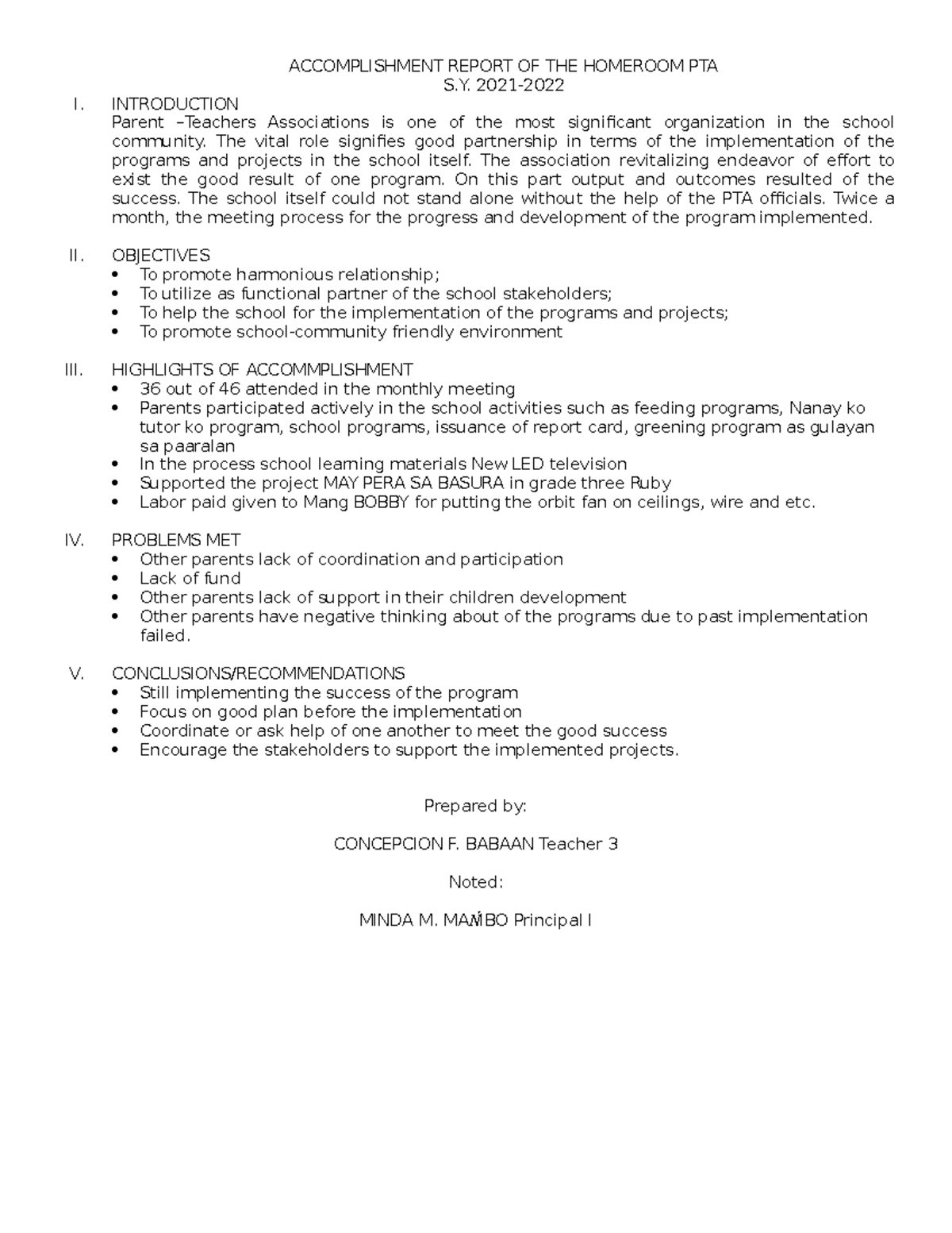 Homeroom PTA Accomplishment Report S.Y. 2021-22 - Studocu