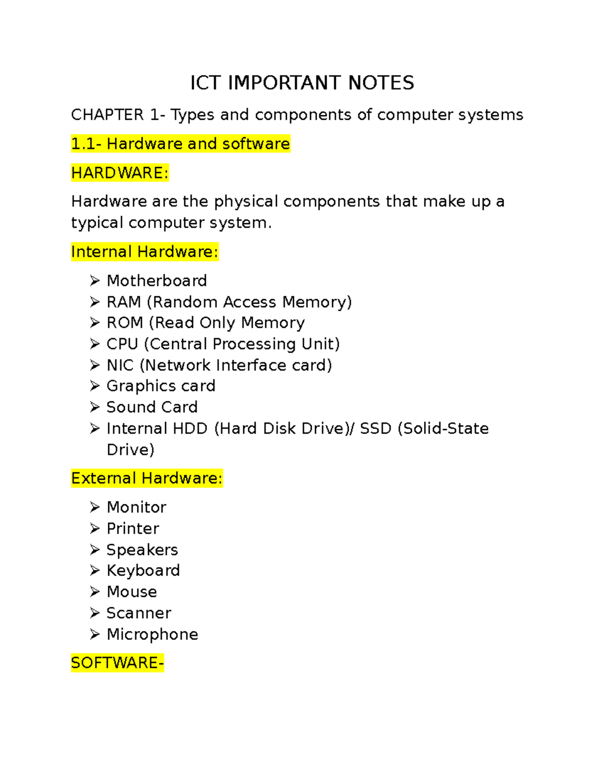 ICT Notes: Types & Components of Computer Systems - Studocu