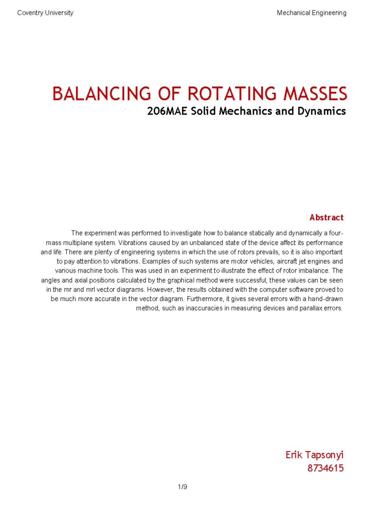 Balancing of Rotating Masses: Static vs Dynamic Analysis in 206MAE - Studocu
