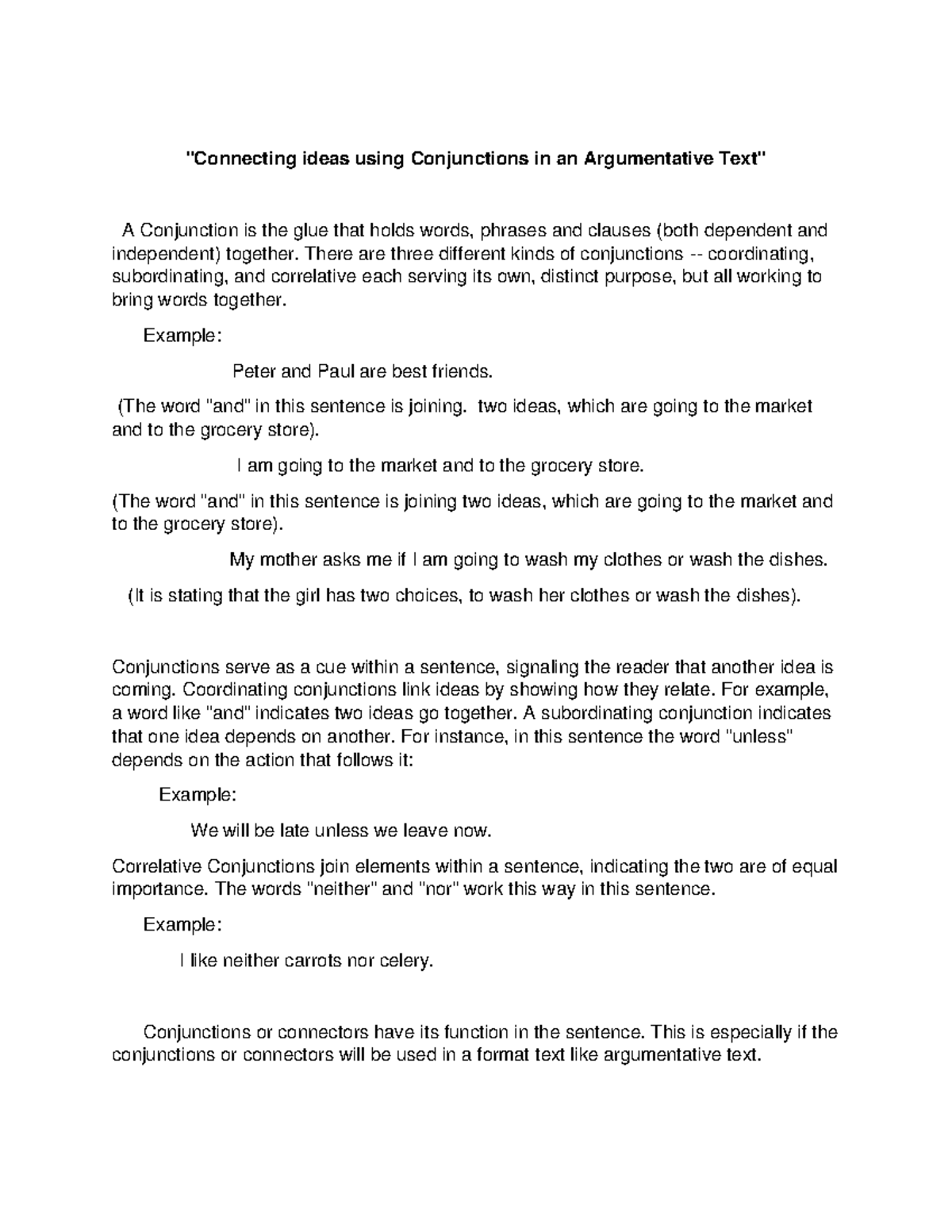 Connecting ideas using Conjunctions in an Argumentative Text - "Connecting ideas using - Studocu