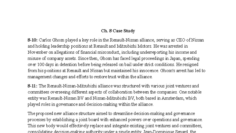 Ch. 8 Case Study: Carlos Ghosn and Alliance Restructuring - Studocu