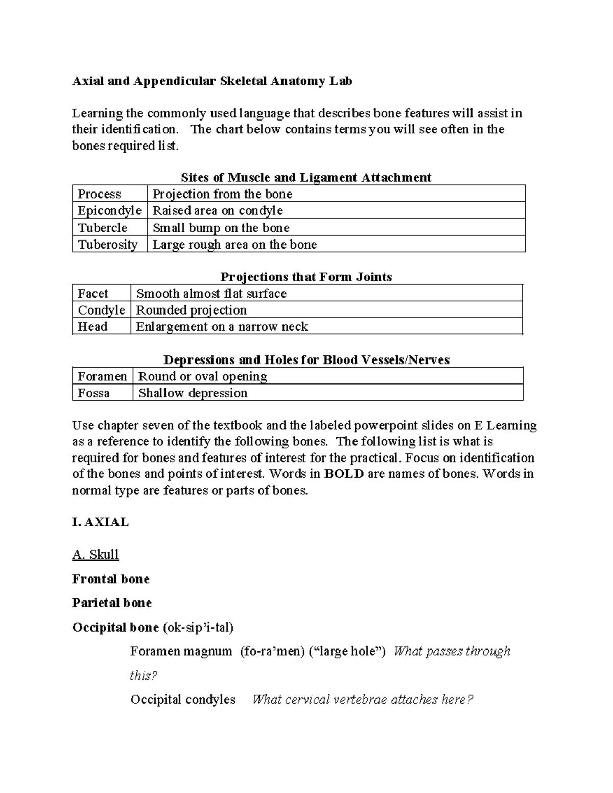 Axial and Appendicular Skeletal Anatomy Lab - The chart below contains ...