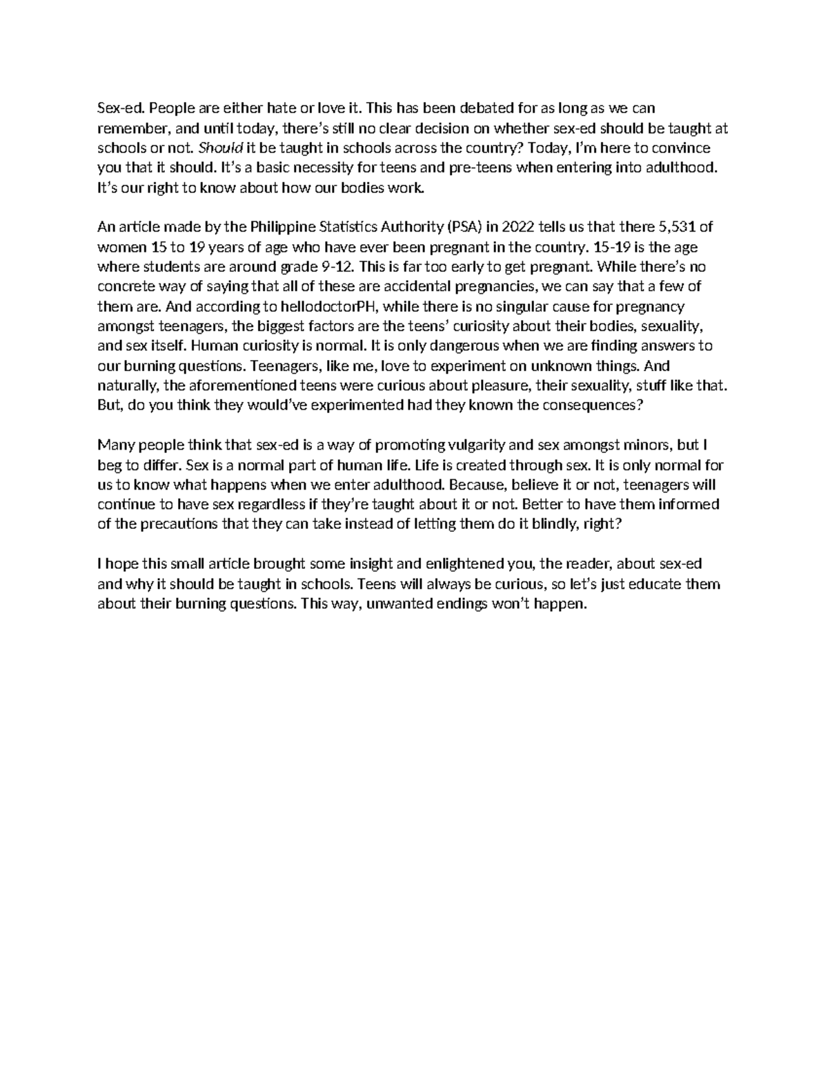 Argumentative Essay on the Necessity of Sex Education in Schools - Studocu