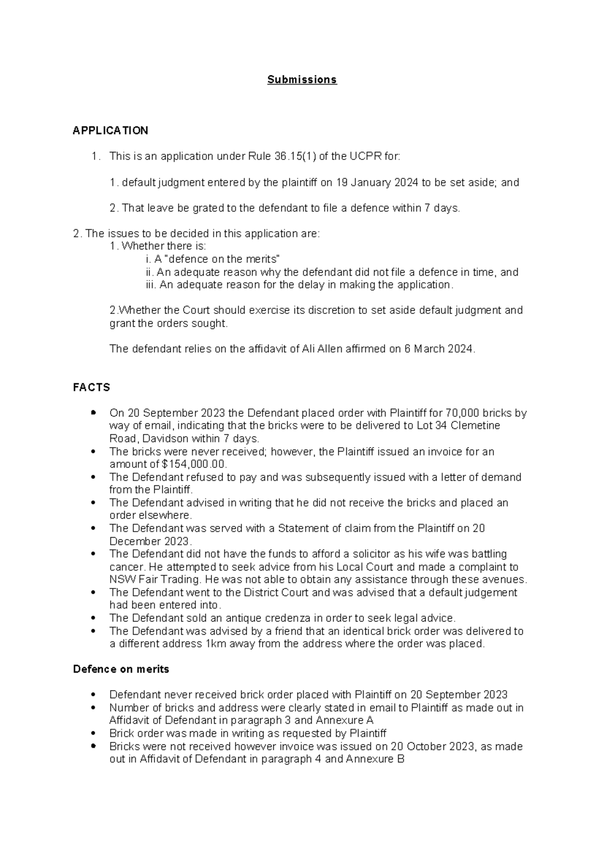 Application for Default Judgment Set Aside - 2024 UCPR Rule 36.15(1 ...