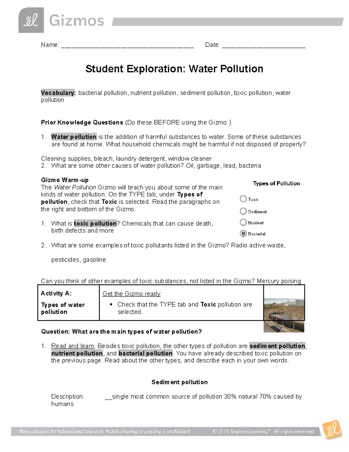 Water Pollution Exploration (Gizmo) - Types & Causes Uncovered - Studocu