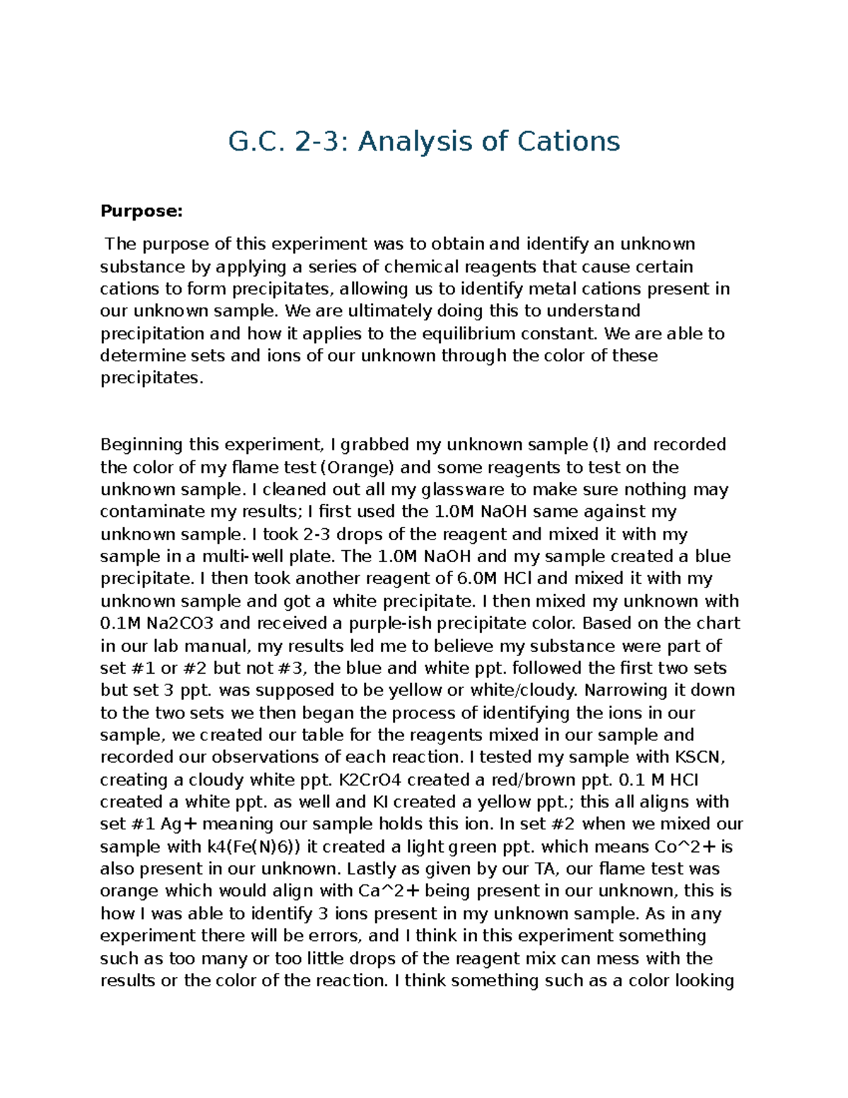 GC2-3 Lab Report: Analysis of Cations and Precipitation Reactions - Studocu