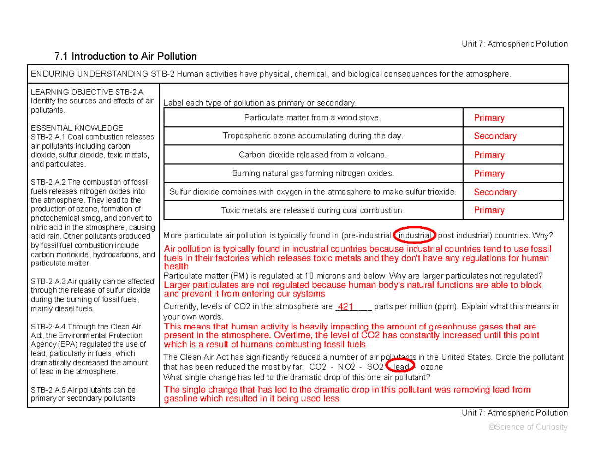 Unit 7 STB-2: Guiding Questions on Atmospheric Pollution Effects - Studocu
