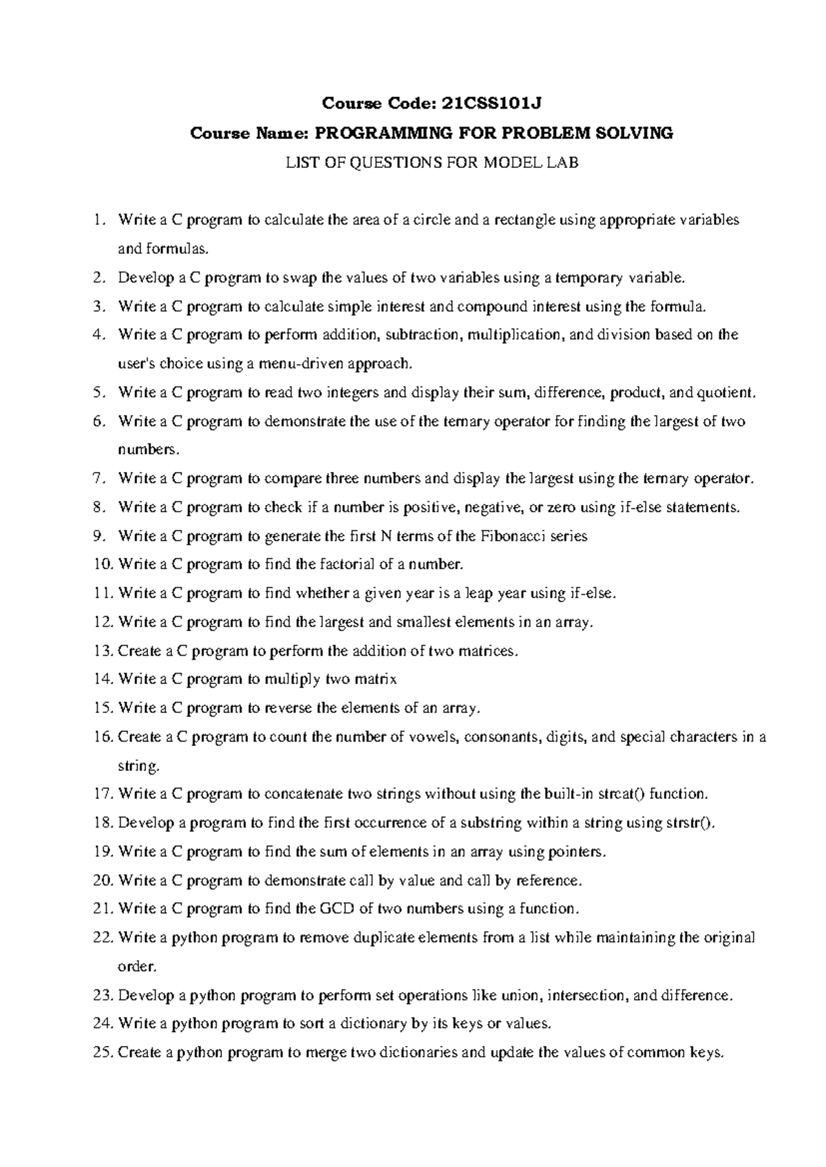 21CSS101J Programming for Problem Solving Lab Exam Questions List - Studocu