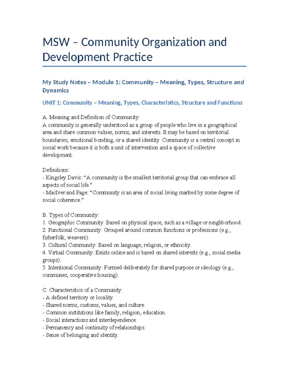 MSW Community Organization & Development: Module 1 Study Notes - Studocu