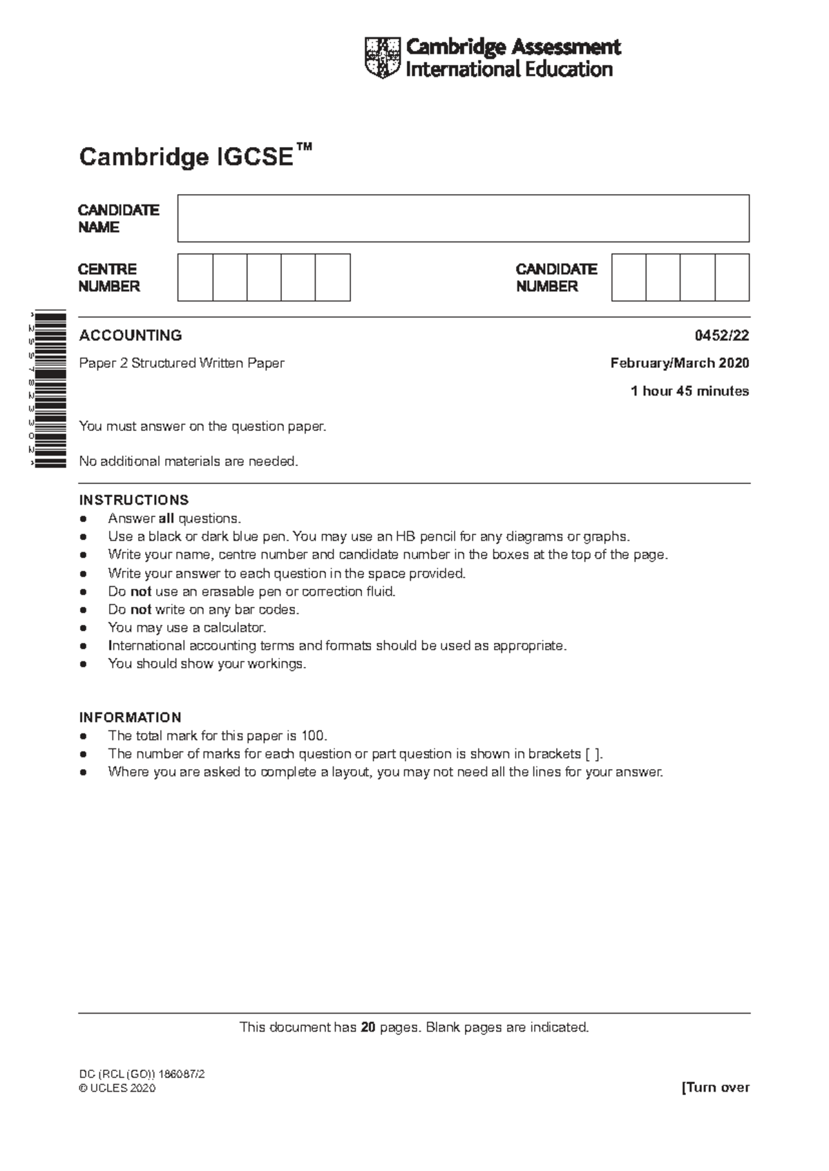 Cambridge 0452/20 ACCOUNTING Paper 2 Structured Exam 2020 - Studocu
